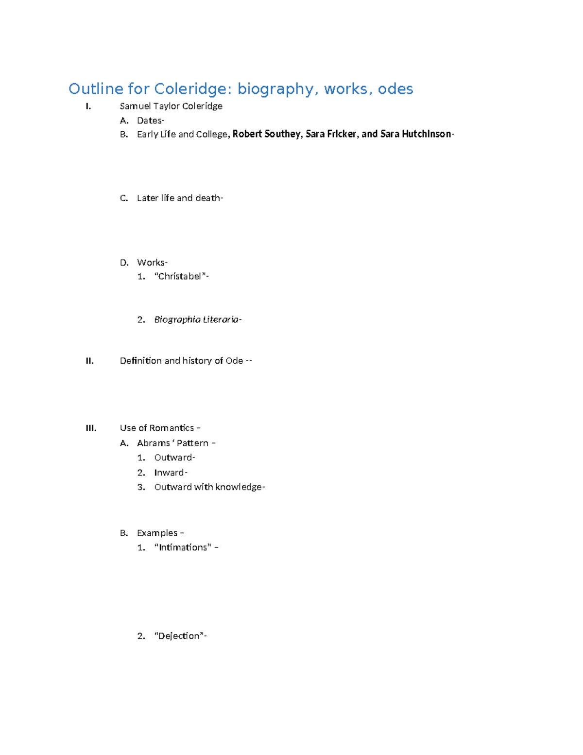 Eng. LIt. II Coleridge outline - Outline for Coleridge: biography ...