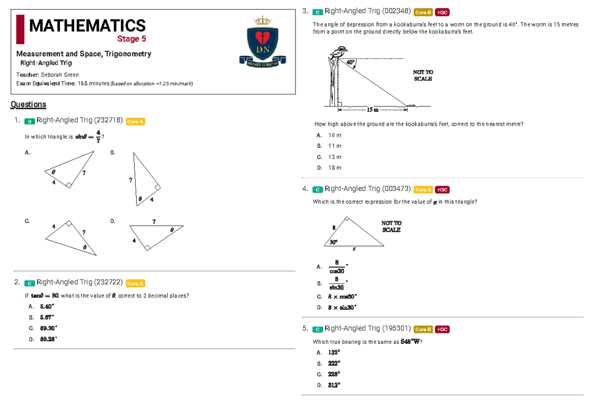 Right Angled Trigonometry Exam Notes (Trig 002348) HSC - Studocu