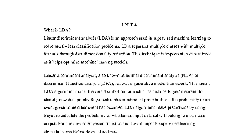 UNIT-4: Understanding Linear Discriminant Analysis (LDA) in ML - Studocu
