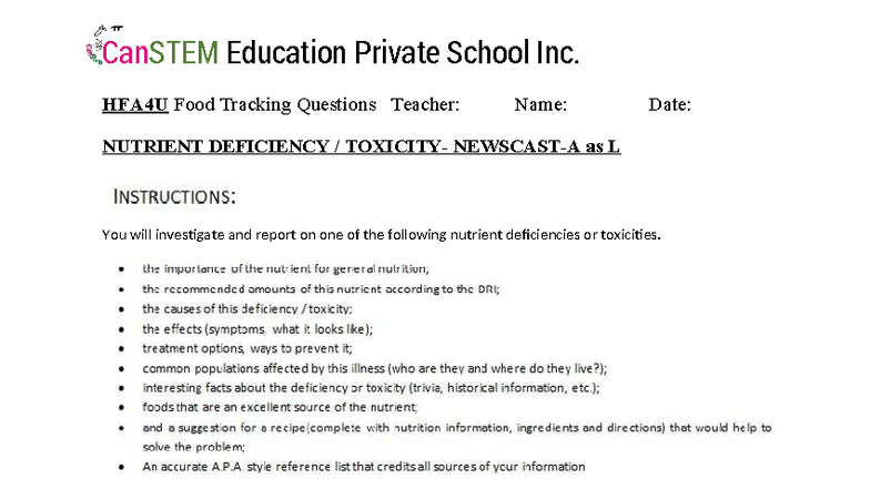 HFA4U Assignment: Investigating Nutrient Deficiencies & Toxicities ...