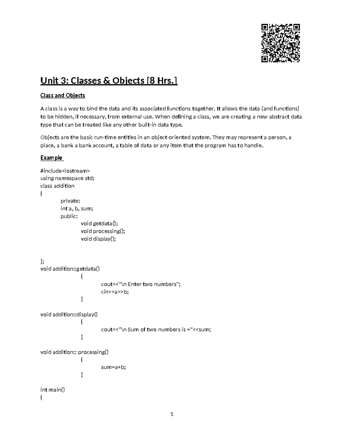 C++ Chapter 3 - C++ - Unit 3: Classes & Objects [8 Hrs.] Class and ...