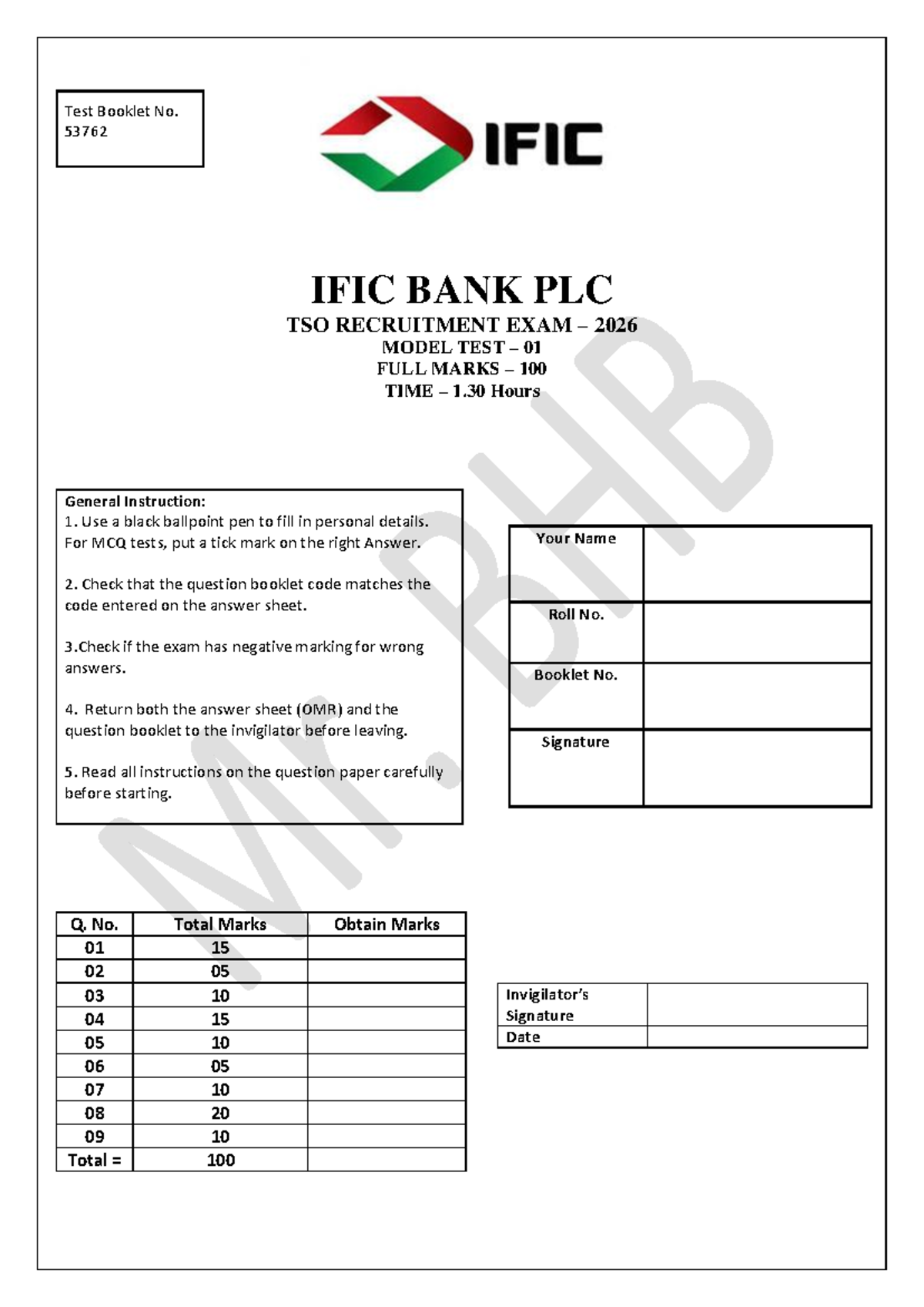 IFIC TSO Recruitment Exam 2026 Model Test 01 - Full Marks 100 - Studocu
