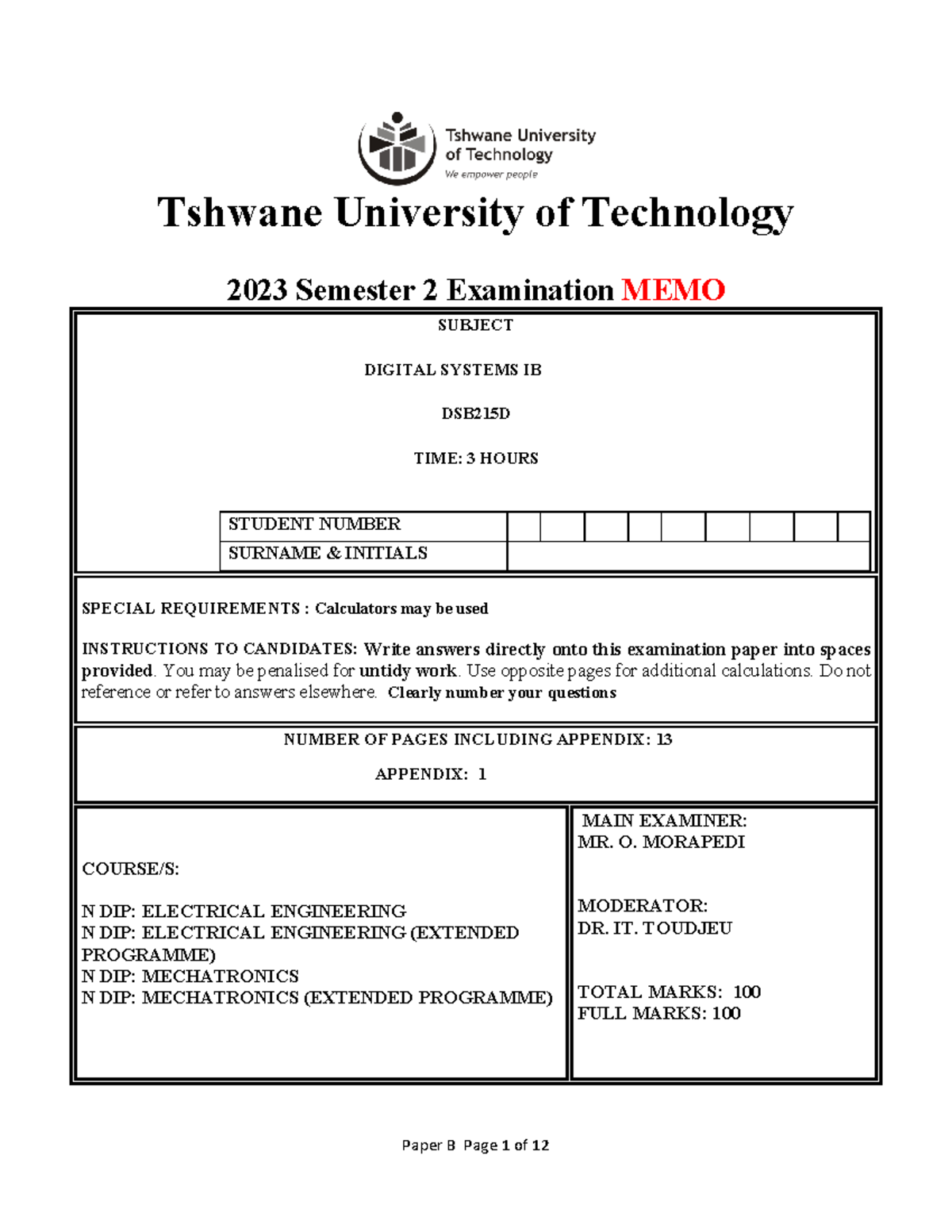 Digital Systems IB DSB215D Exam Paper B Memo 2023 SEM 2 - Studocu