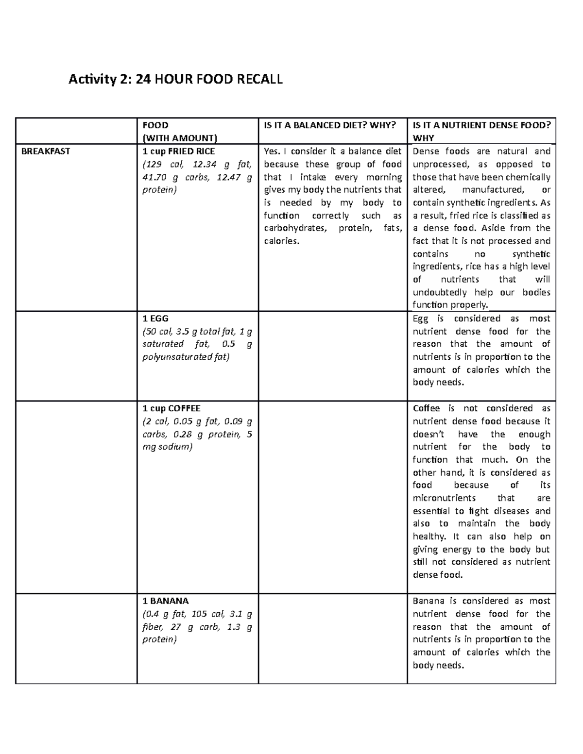 Activity 2 24 HOUR FOOD Recall - Activity 2: 24 HOUR FOOD RECALL FOOD ...