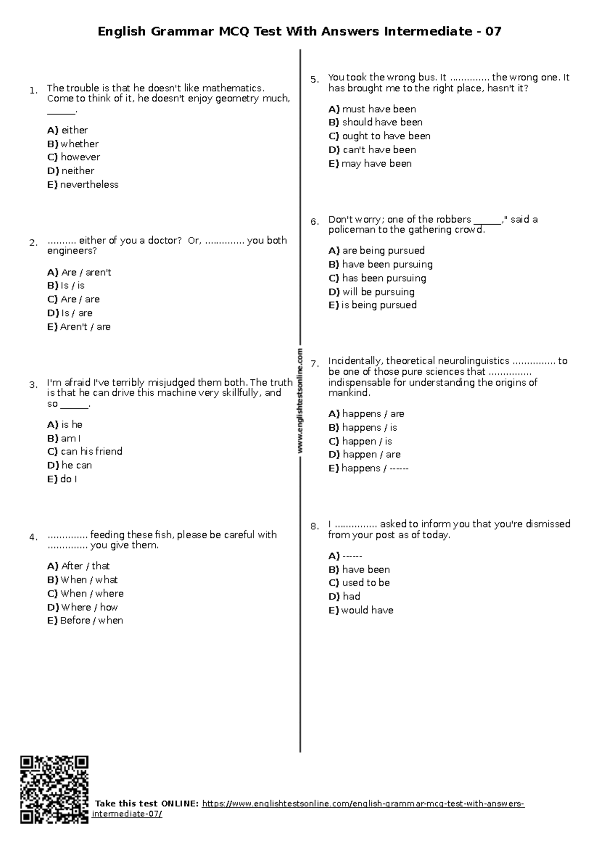 634 English Grammar MCQ Test with Answers - Intermediate Level - Studocu