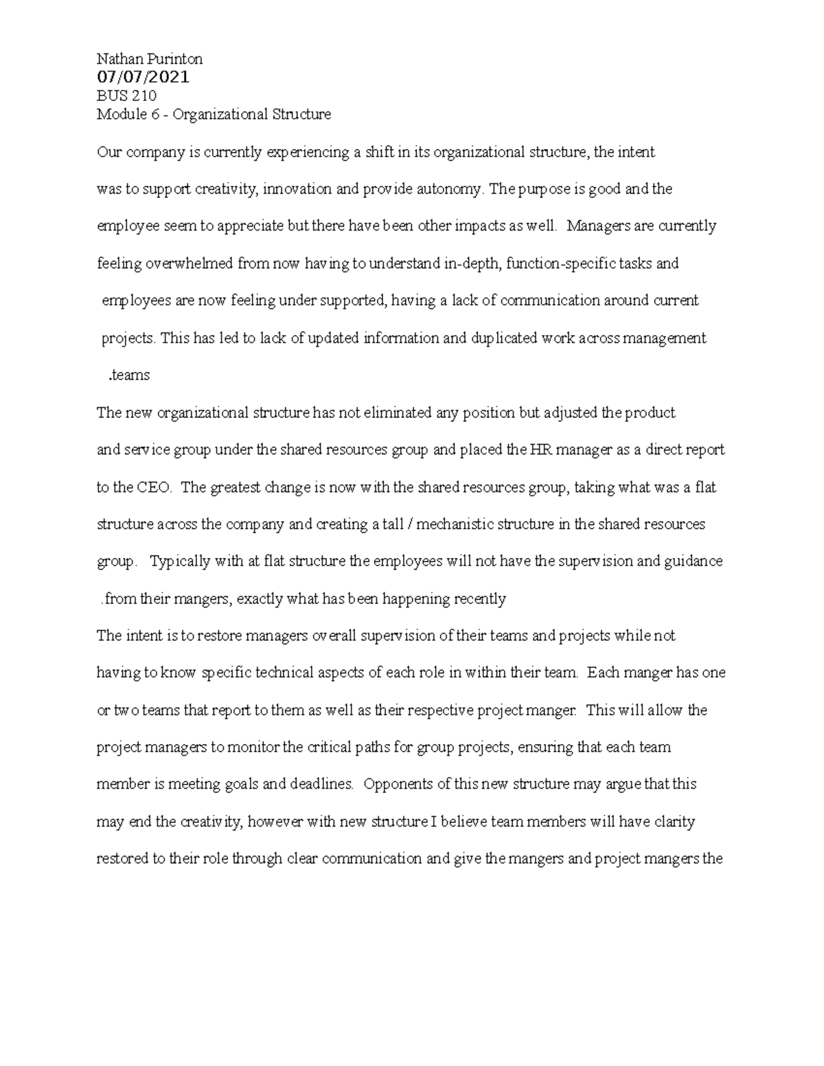 BUS 210 Module 6 - Analyzing Changes in Organizational Structure - Studocu