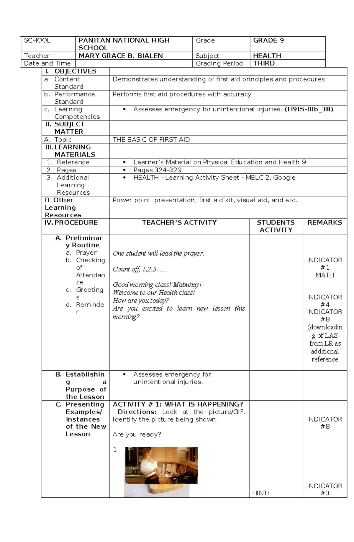 1ST-CO- Health- Lesson- Plan: Basic First Aid Overview - Final - Studocu