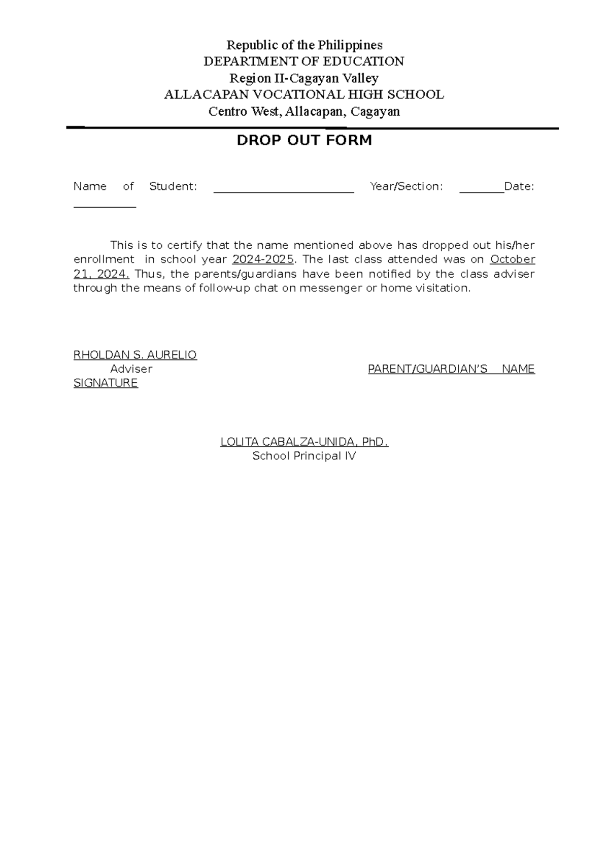 DROP OUT FORM - Republic of the Philippines DEPARTMENT OF EDUCATION ...