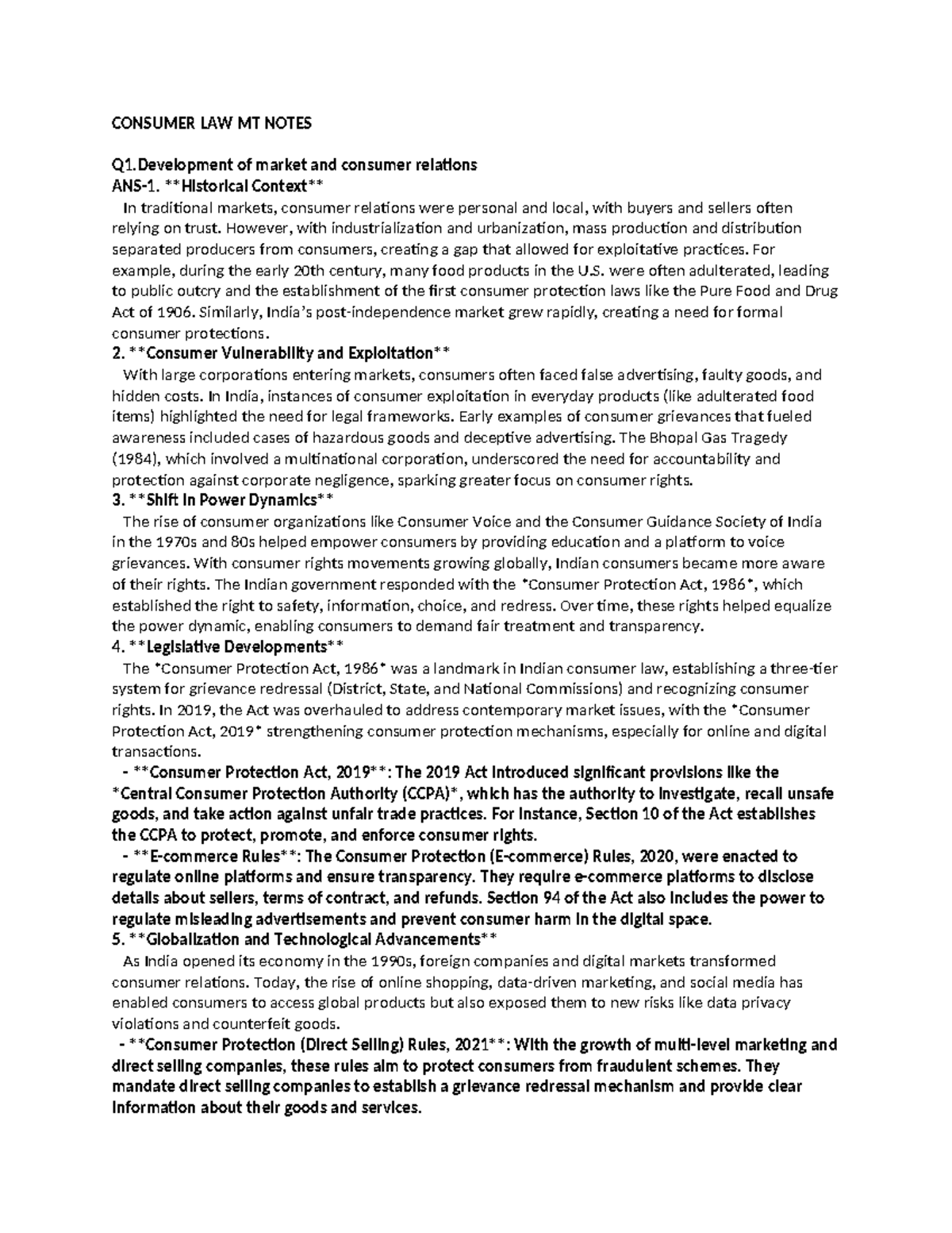 Consumer Law MT Notes: Key Concepts and Historical Perspectives - Studocu