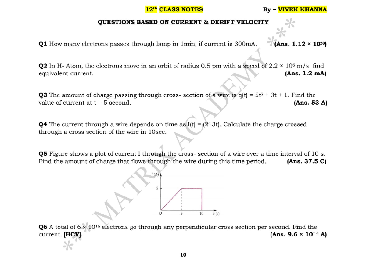 12th CLASS NOTES: Current Drift Velocity Questions and Solutions - Studocu