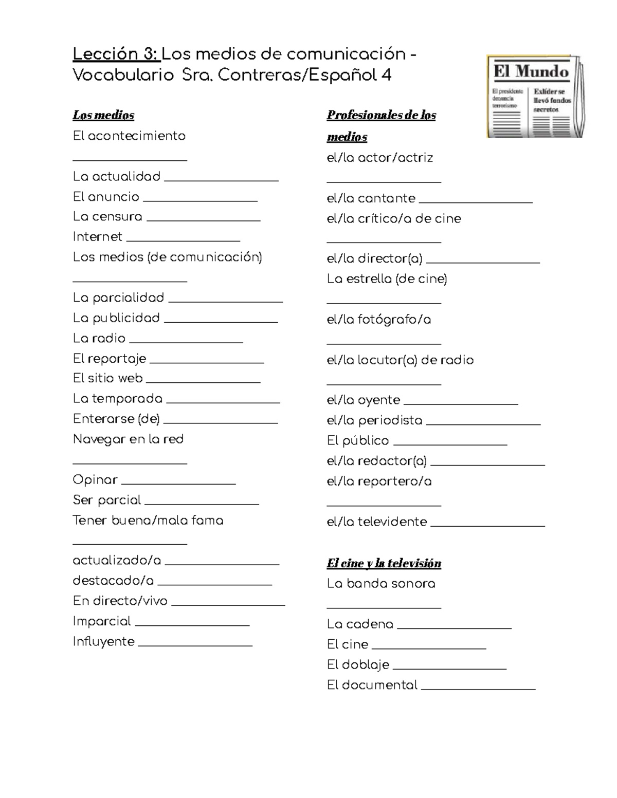 Vocabulario de Medios de Comunicación - Español 4 Lección 3 - Lección 3 ...