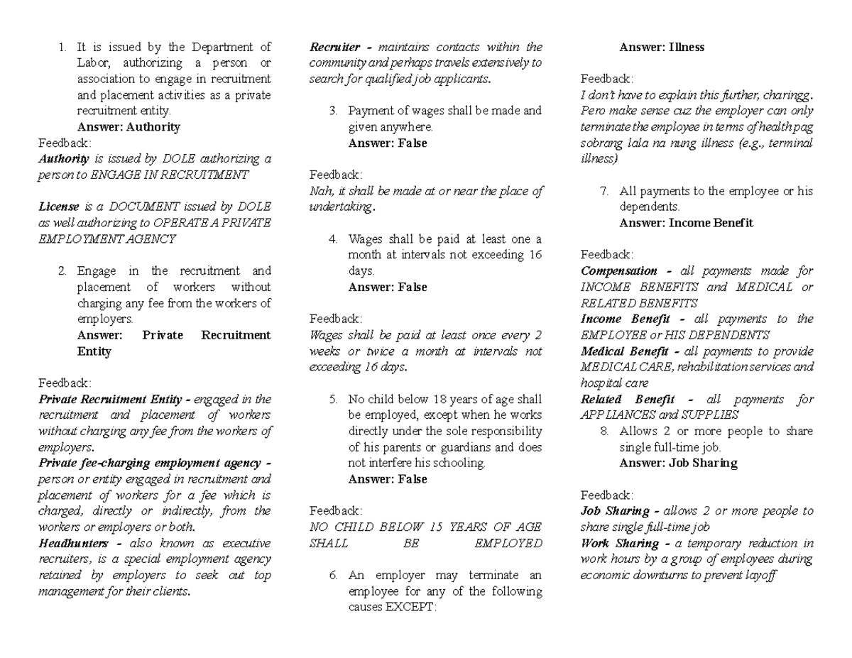 CHRA EXAM DRILL Insights on Recruitment and Employment Laws - Studocu