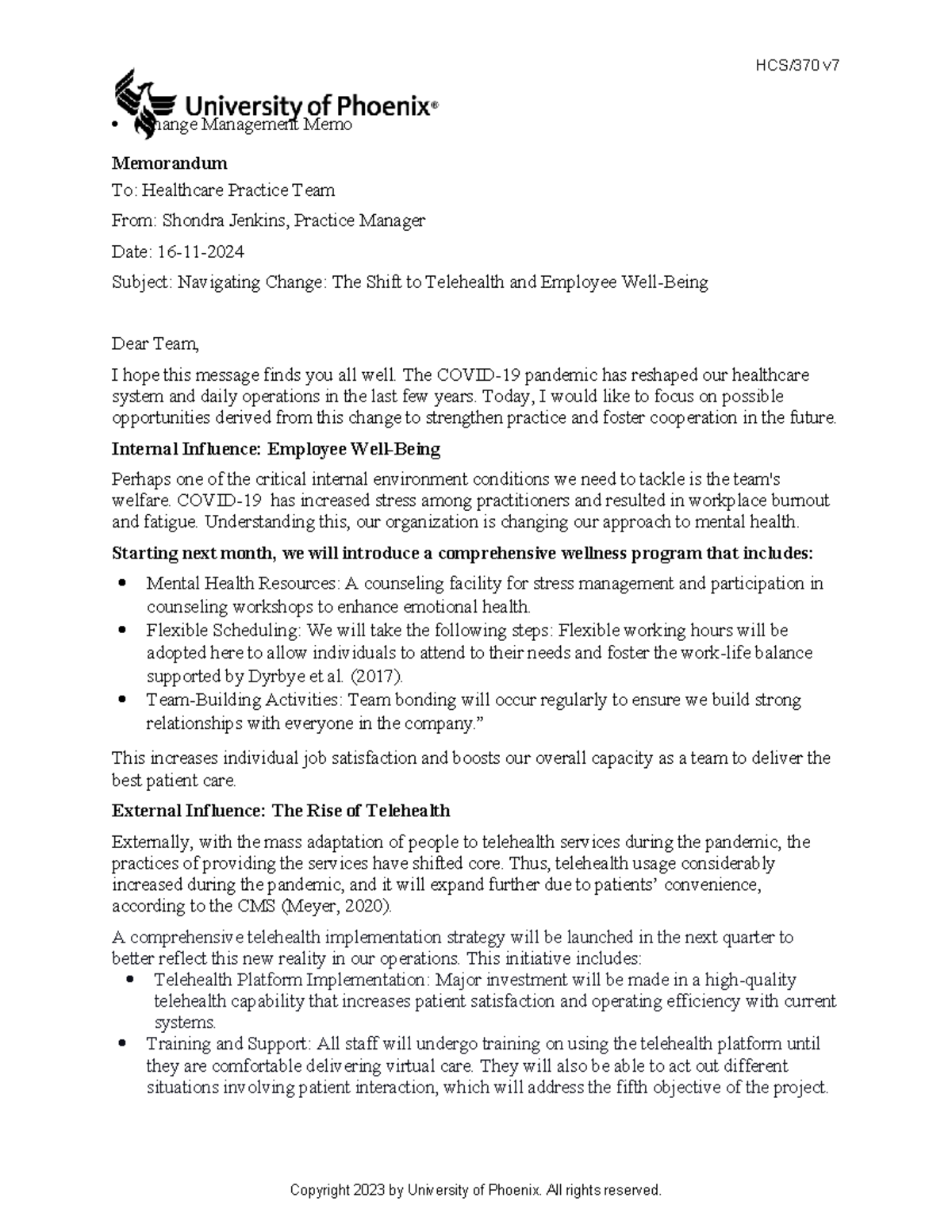 HCS/370 v7 Week 5 Change Management Memo: Telehealth Adaptations - Studocu