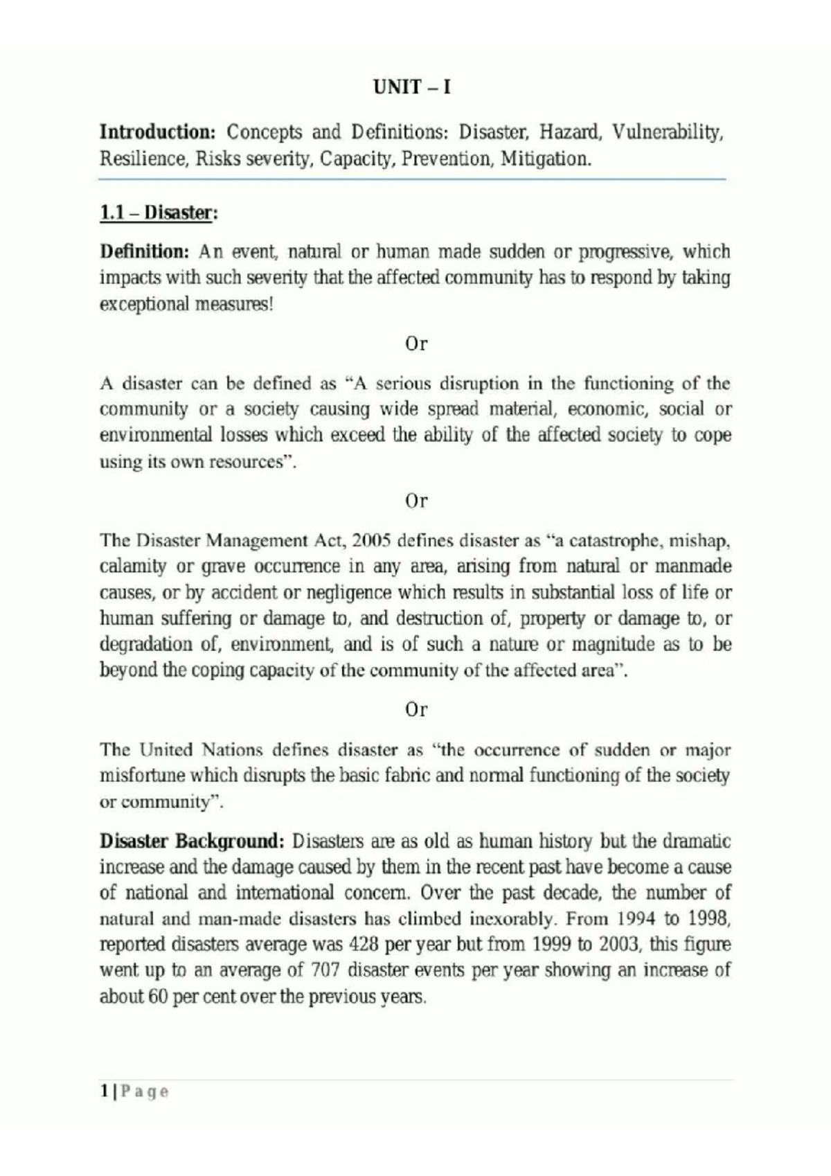 UNIT I: Disaster Concepts & Definitions - Comprehensive Notes - Studocu