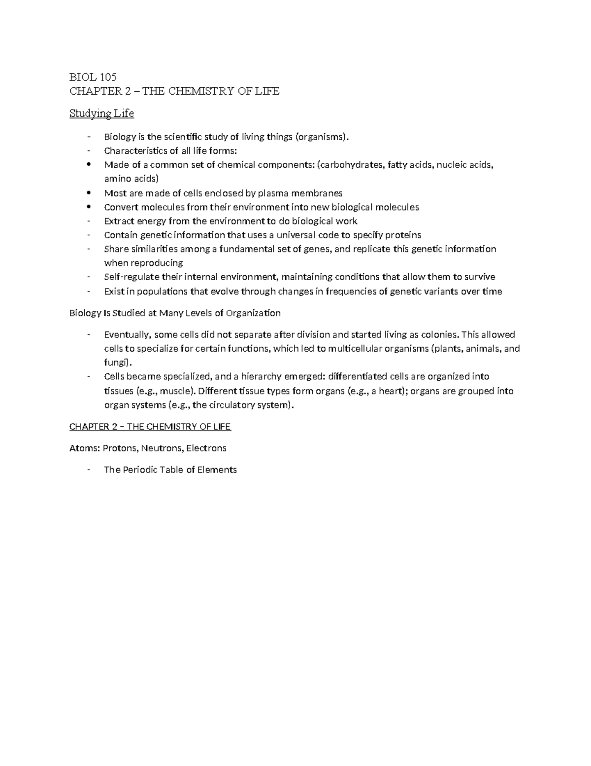 BIOL 105 CHAPTER 2 NOTES: THE CHEMISTRY OF LIFE - Studocu