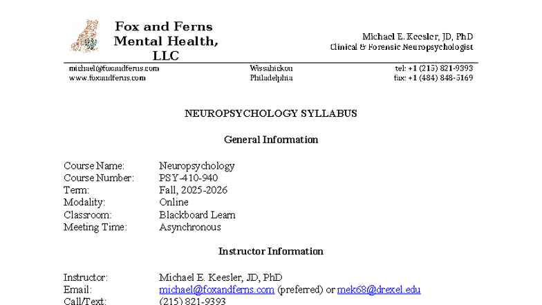 Neuropsychology Fall 2025 Syllabus - PSY 2025-4 Online Course - Studocu