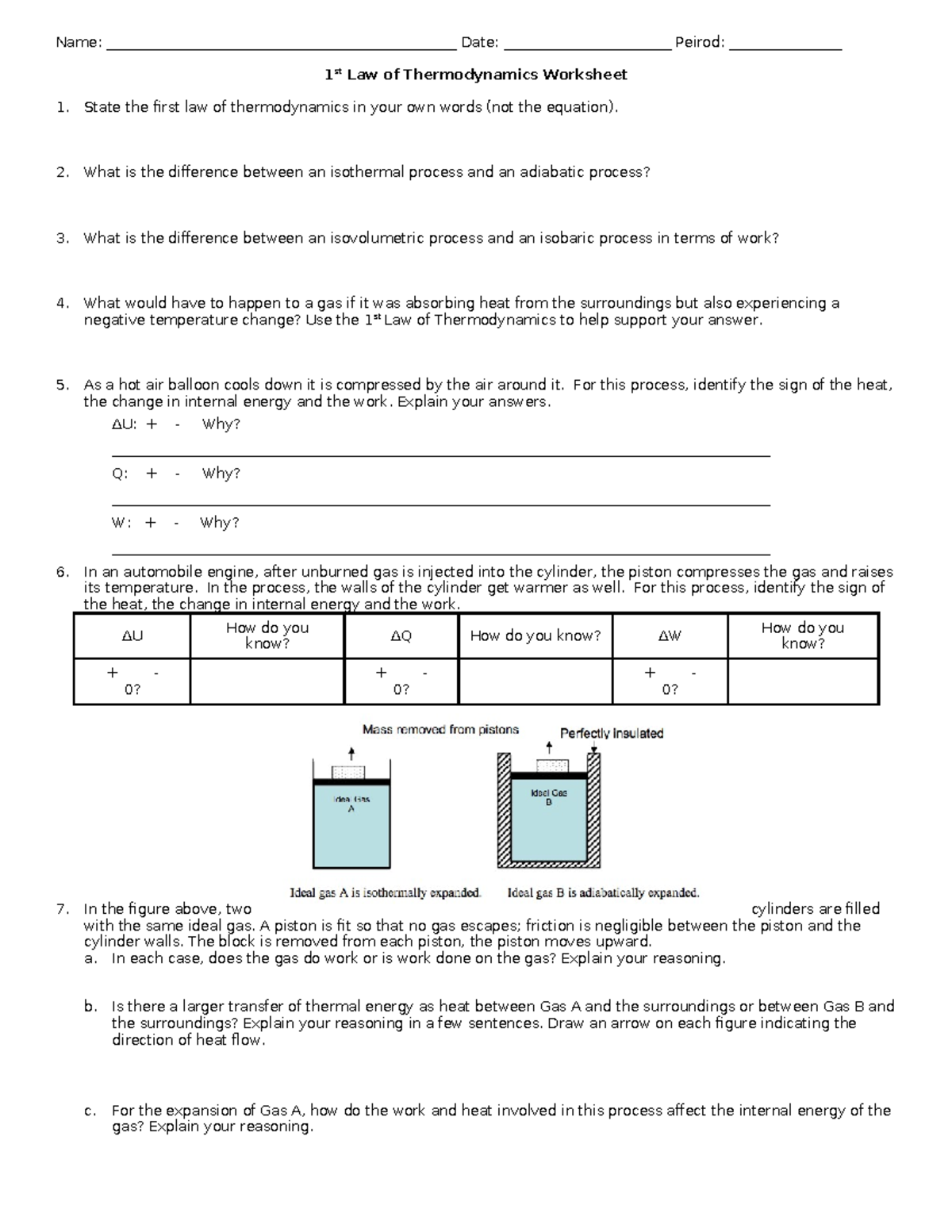 1st Law of Thermodynamics Worksheet - Key Concepts & Problems - Studocu