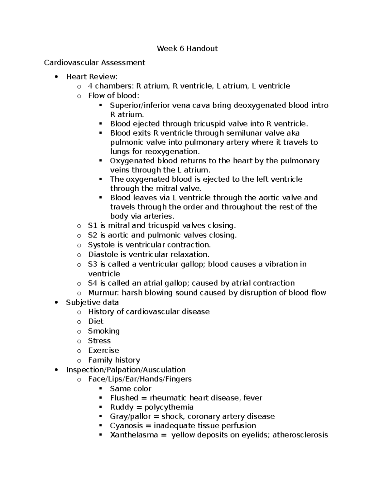 Week 6 Handout: Cardiovascular Assessment & Heart Review - Studocu