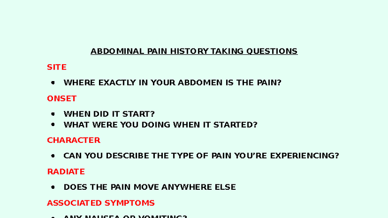 Abdominal Pain History Taking Questions: Key Assessment Points - Studocu