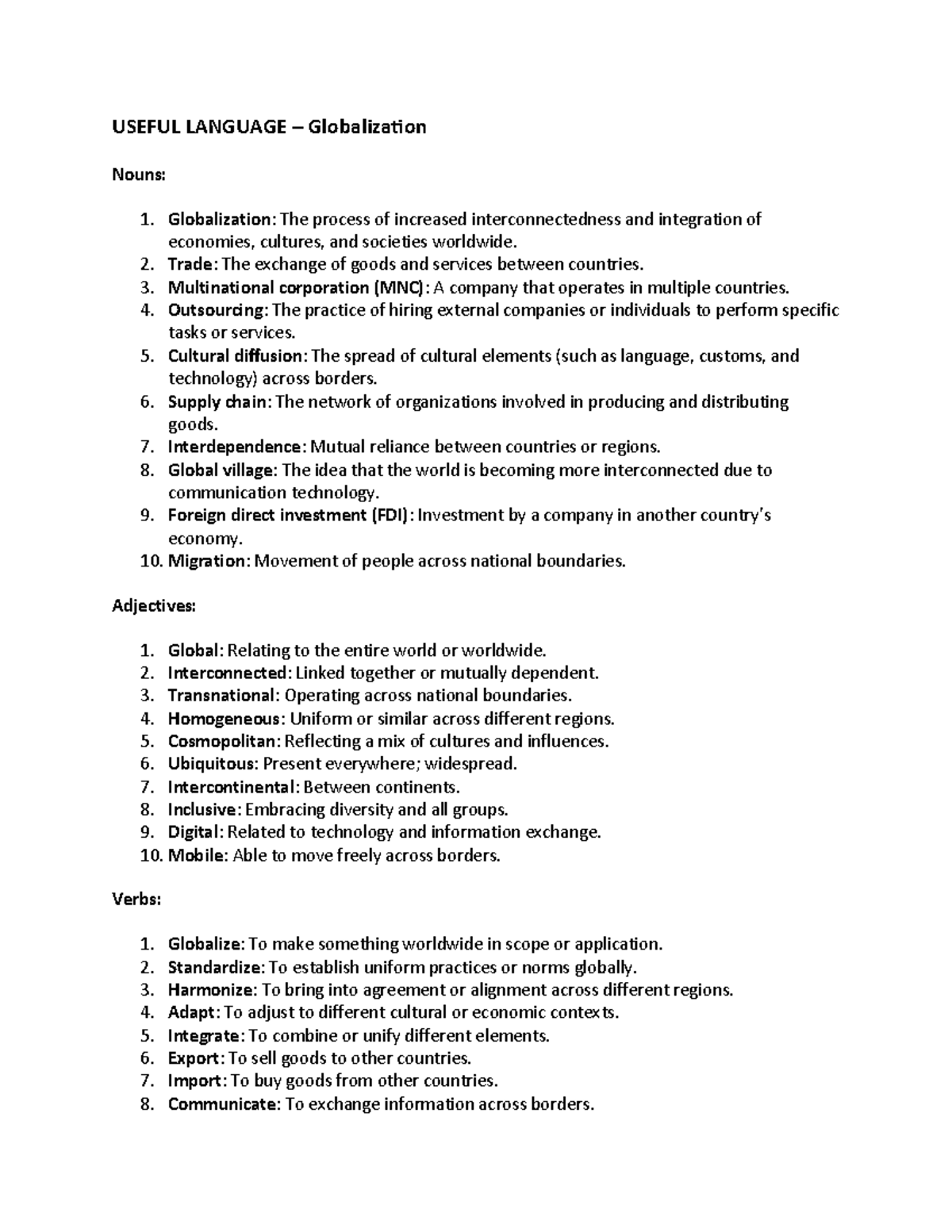 IE3 Unit 1 – Globalization - USEFUL LANGUAGE – Globalization Nouns: 1 ...