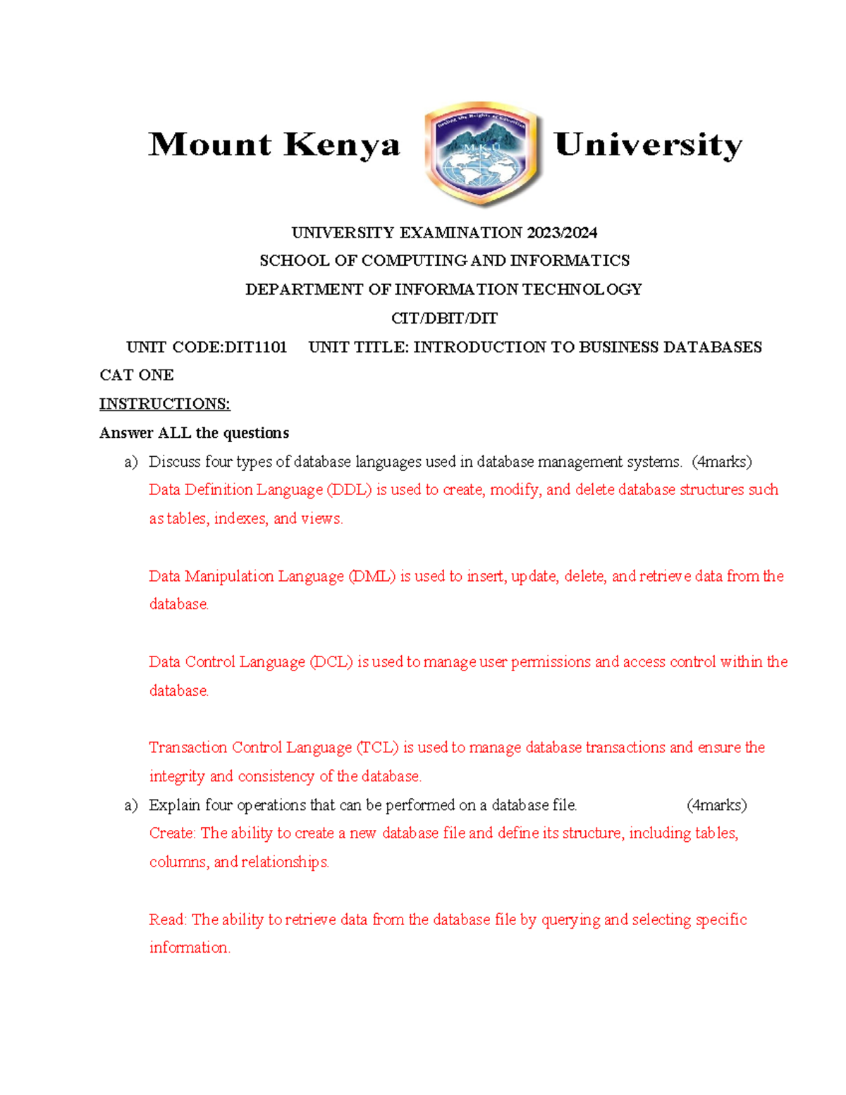 DIT1101 CAT One: Introduction to Business Databases Exam Answers - Studocu