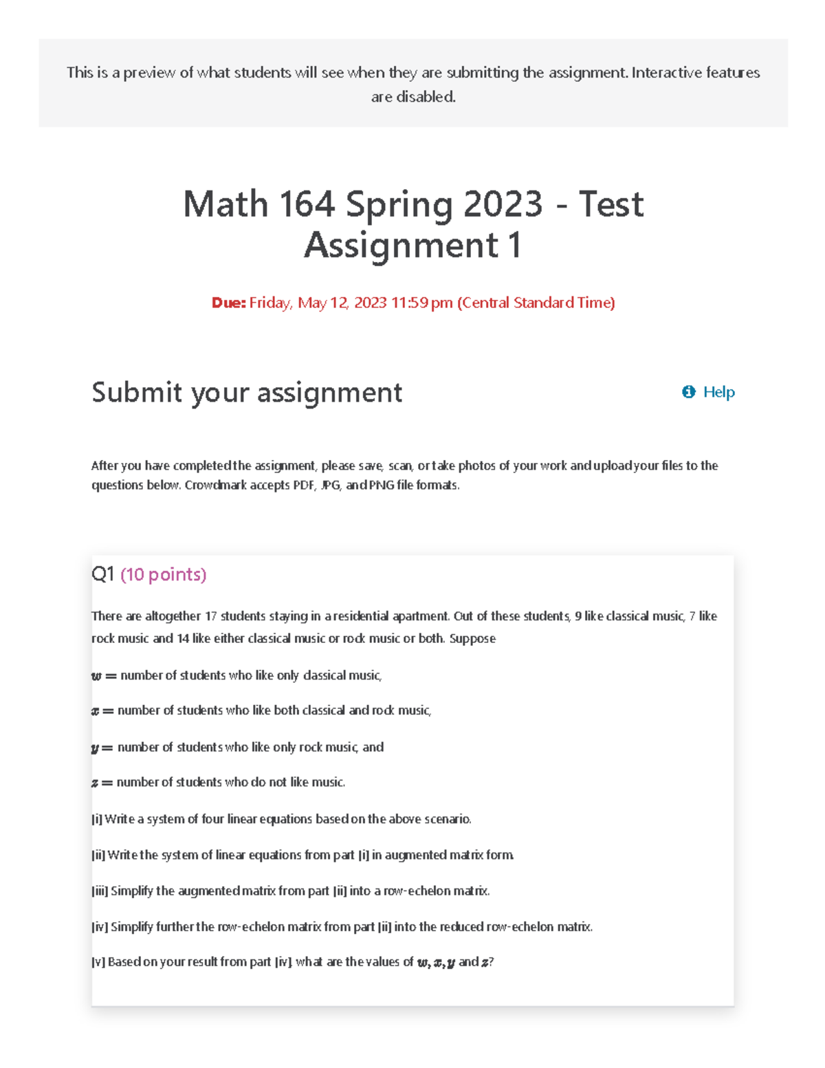 Math 164 Spring 2023 - Test Assignment 1 (Questions) - This is a ...