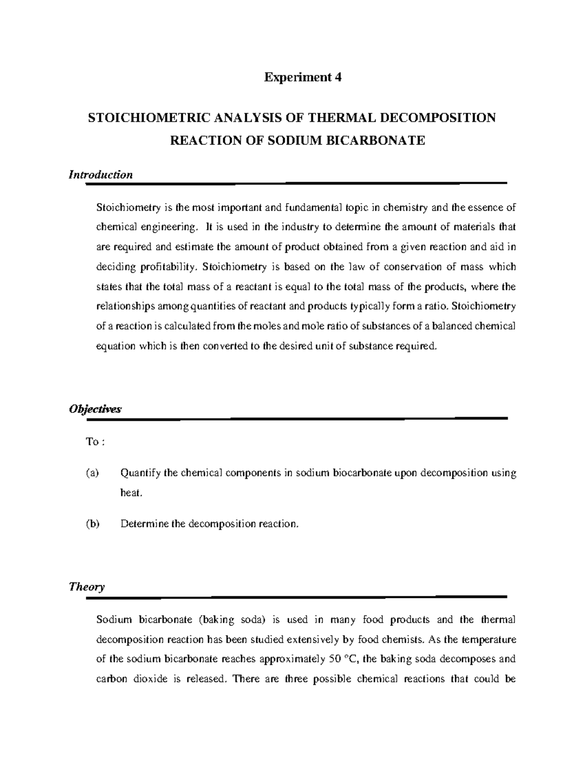 LAB 4 - LAB 4 - Experiment 4 STOICHIOMETRIC ANALYSIS OF THERMAL DECOMPOSITION REACTION OF SODIUM ...
