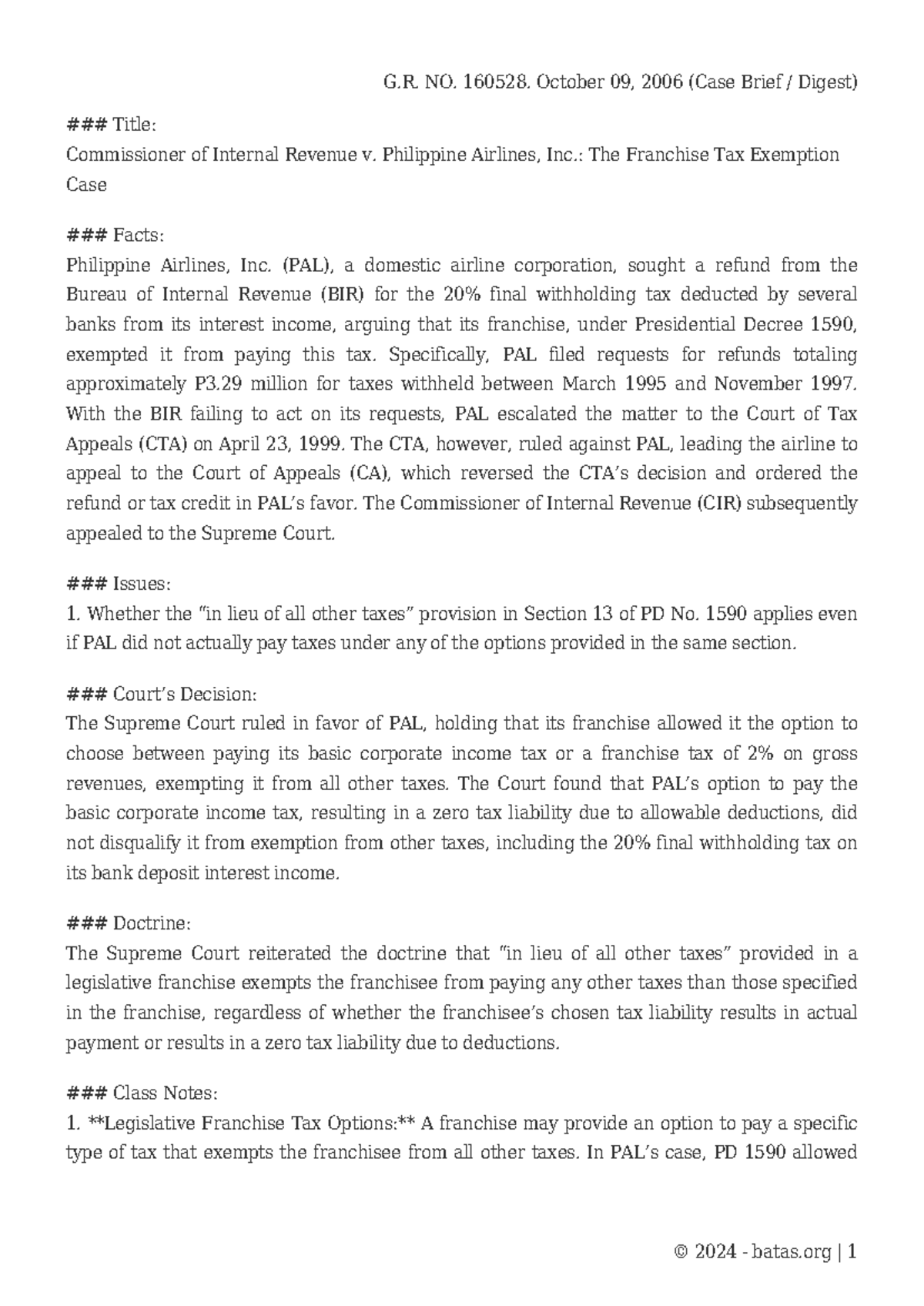 WEEK 7 CASE TAX 2 - TAX CASE - G. NO. 160528. October 09, 2006 (Case ...