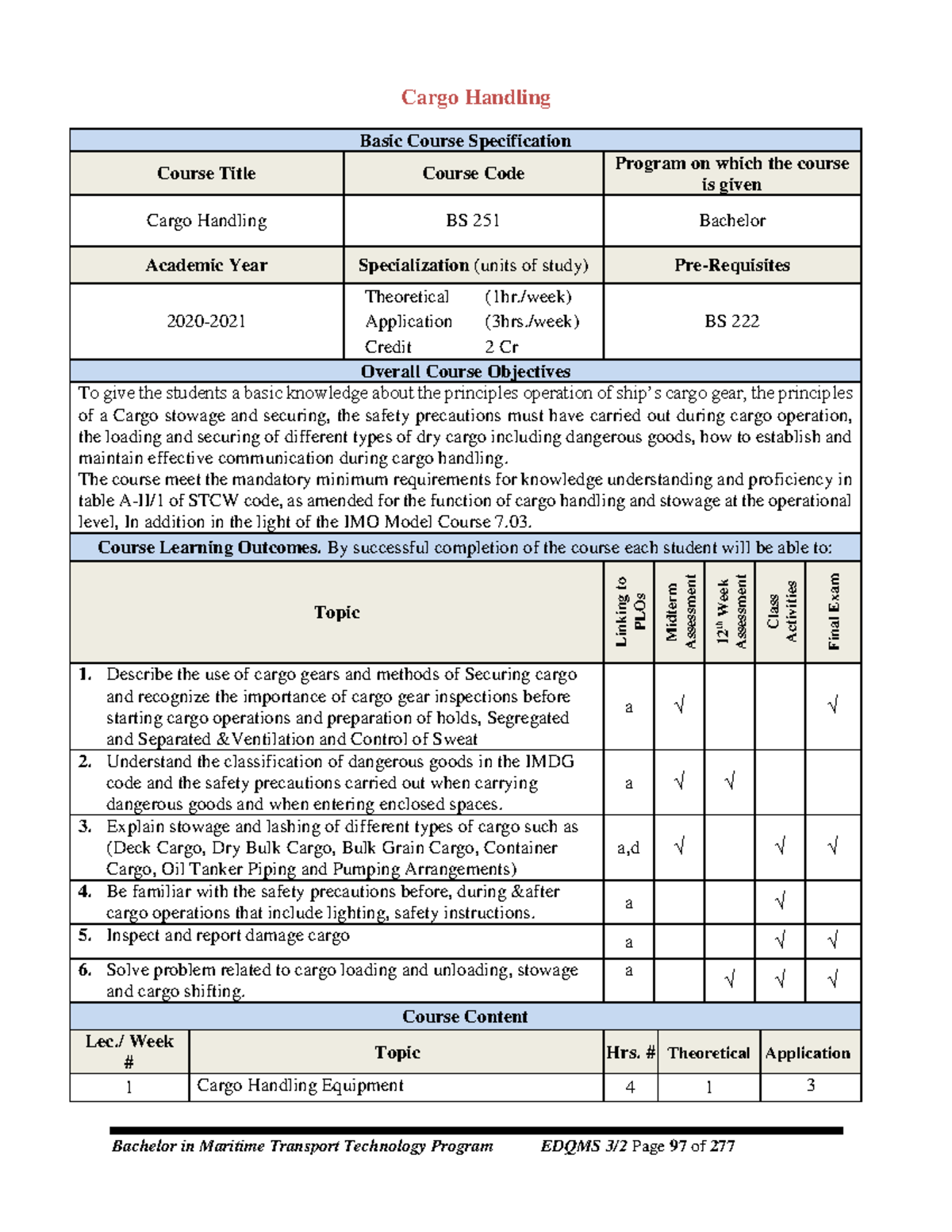 47 BS251 Final Exam - Cargo Handling Course Specification - Studocu