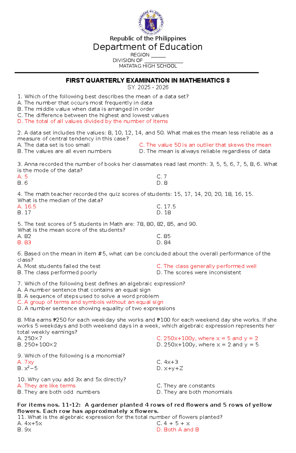 M8 First Quarterly Exam Reviewer - Mathematics 8 SY 2025-2026 - Studocu