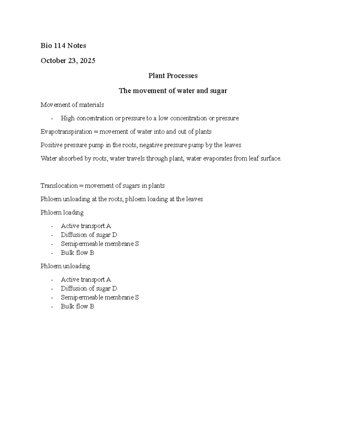 Bio 114 Notes: Plant Processes & Material Movement - Studocu