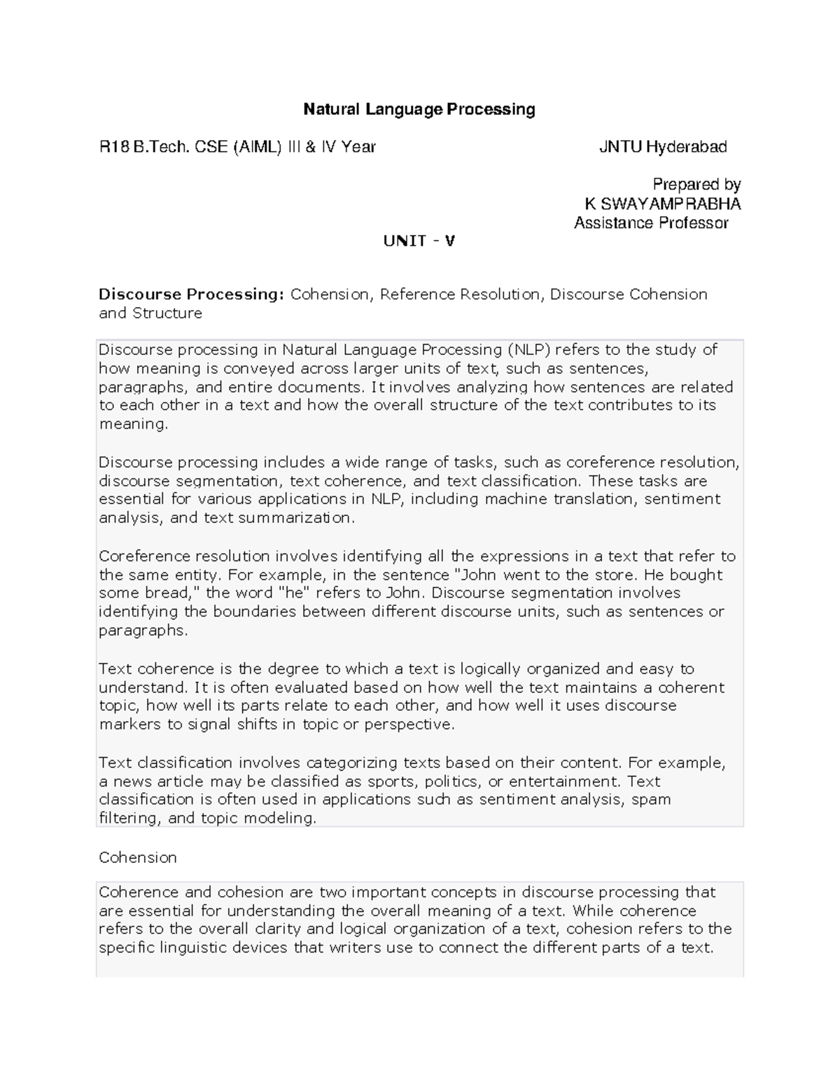 NLP R18 B.Tech. CSE (AIML) IV Year JNTU Hyderabad UNIT V Notes - Studocu