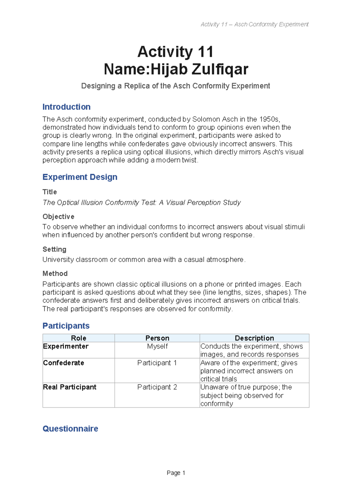 Activity 11: Asch Conformity Experiment Replica - Visual Perception ...