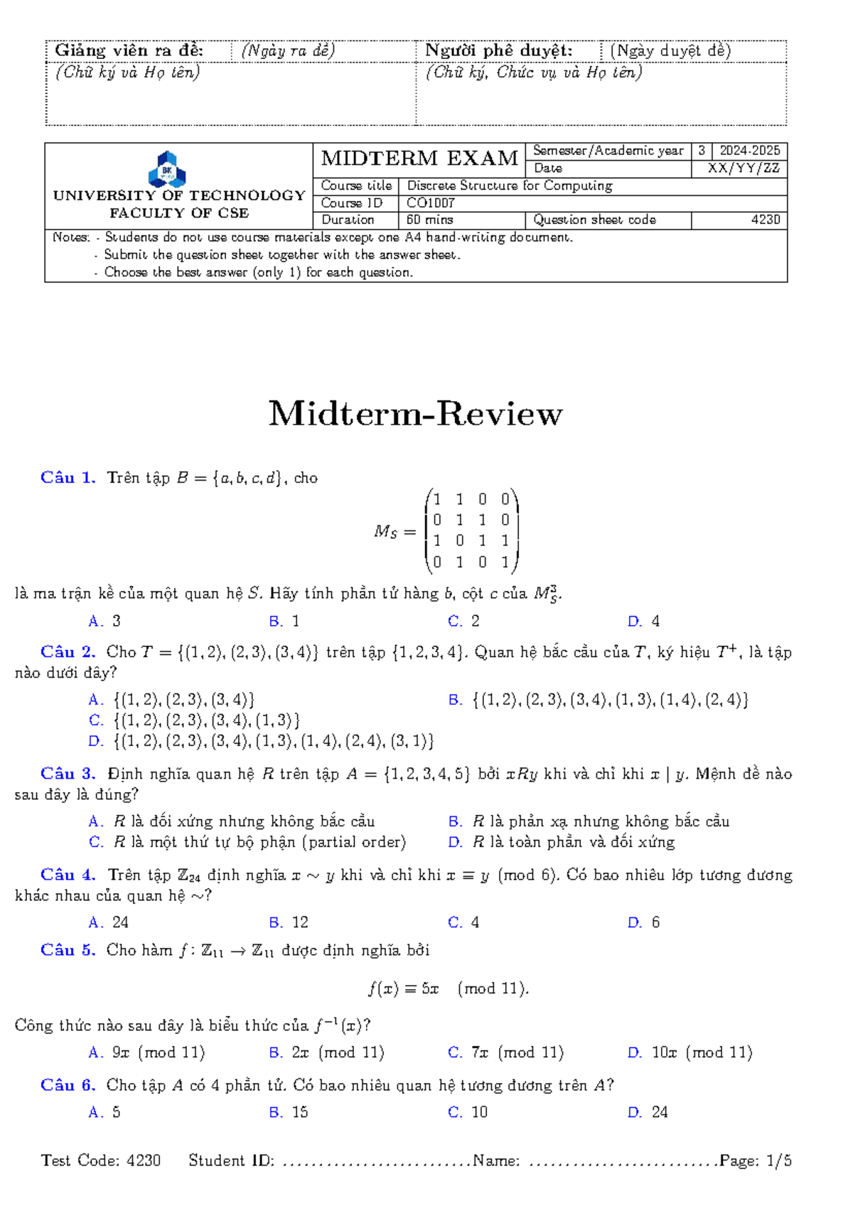 CO1007 Discrete Structure for Computing Midterm Exam Questions - Studocu