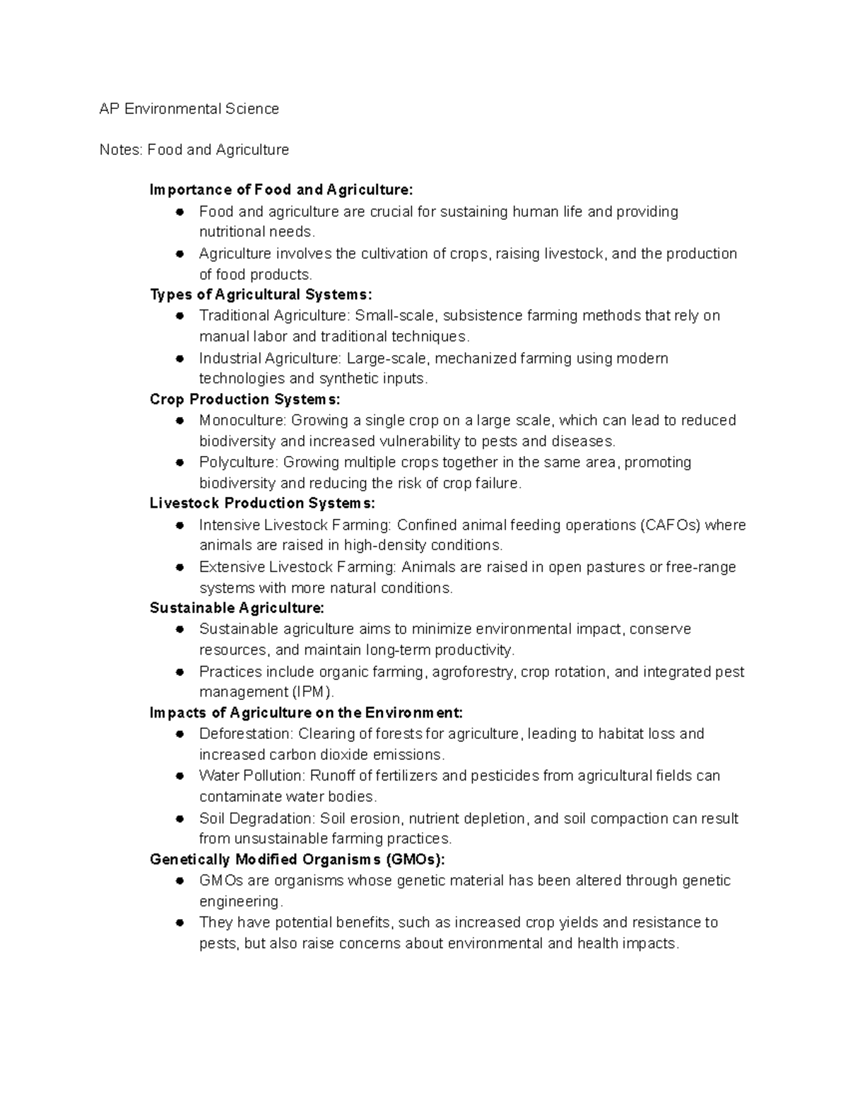 AP Environmental Science - Notes on Food & Agriculture Systems - Studocu