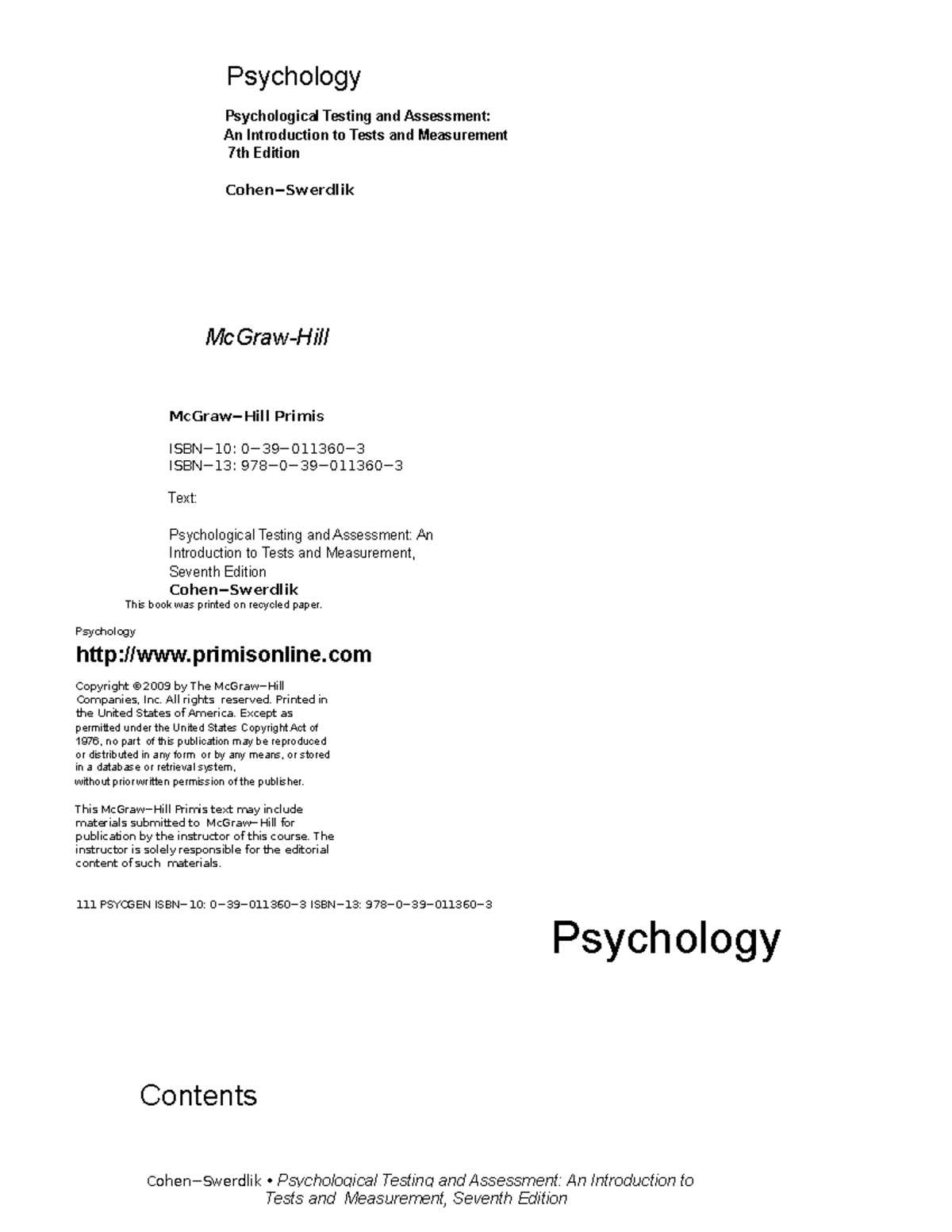 Psychological Testing and Assessment 7th Ed. (Cohen & Swerdlik ...