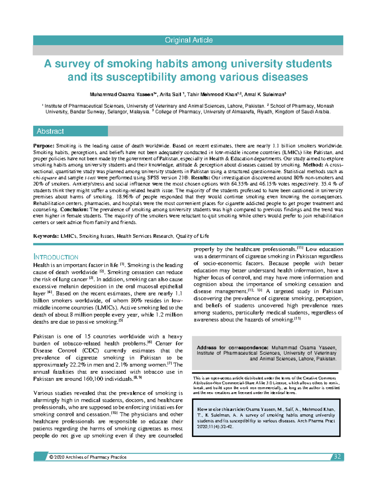 Survey on University Students' Smoking Habits and Associated Health ...
