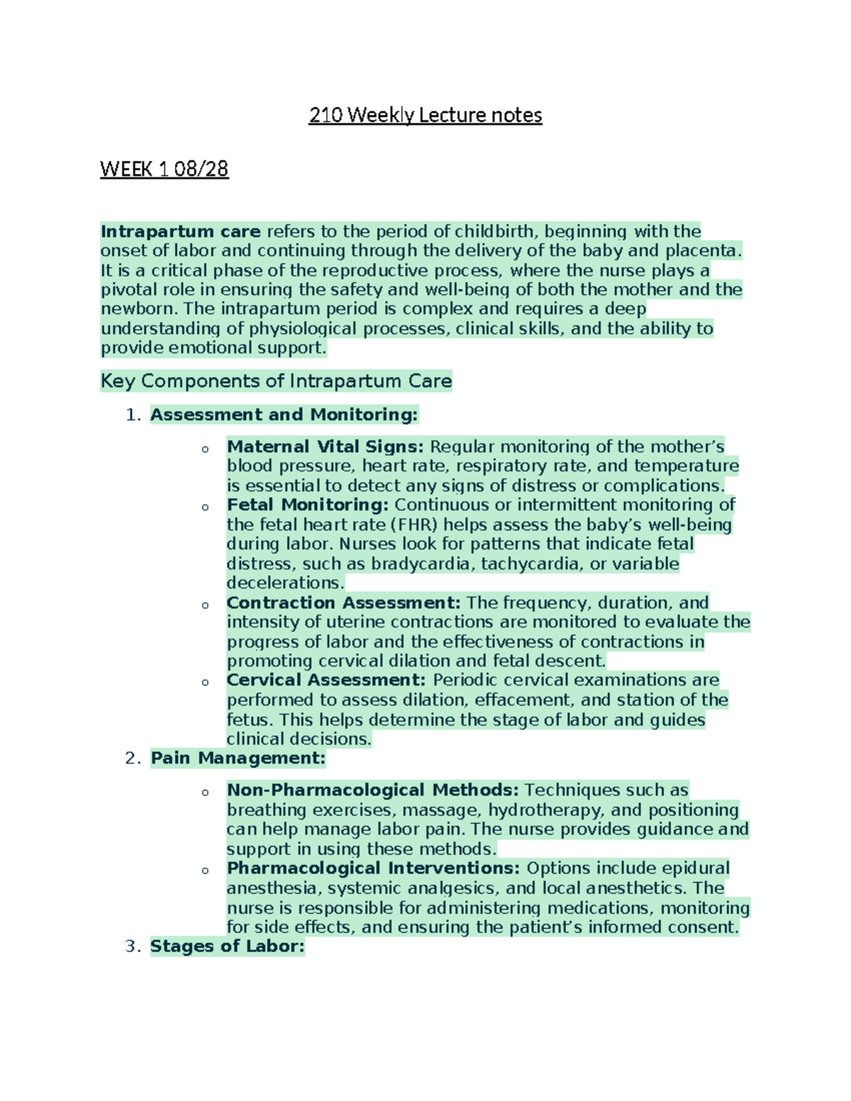 210 Weekly Lecture Notes: Intrapartum & Postpartum Care Overview - Studocu