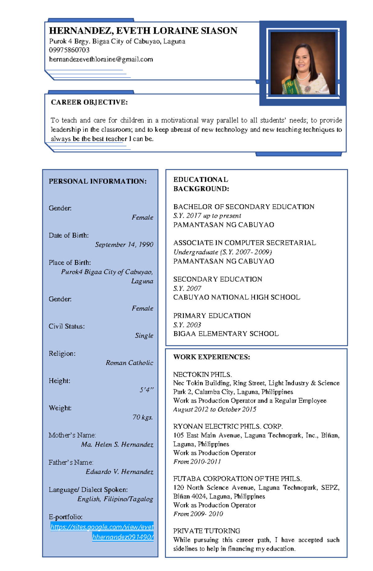 SAMPLE RESUME FOR EDUCATION CAREER APPLICATION (BSED 2023) - Studocu