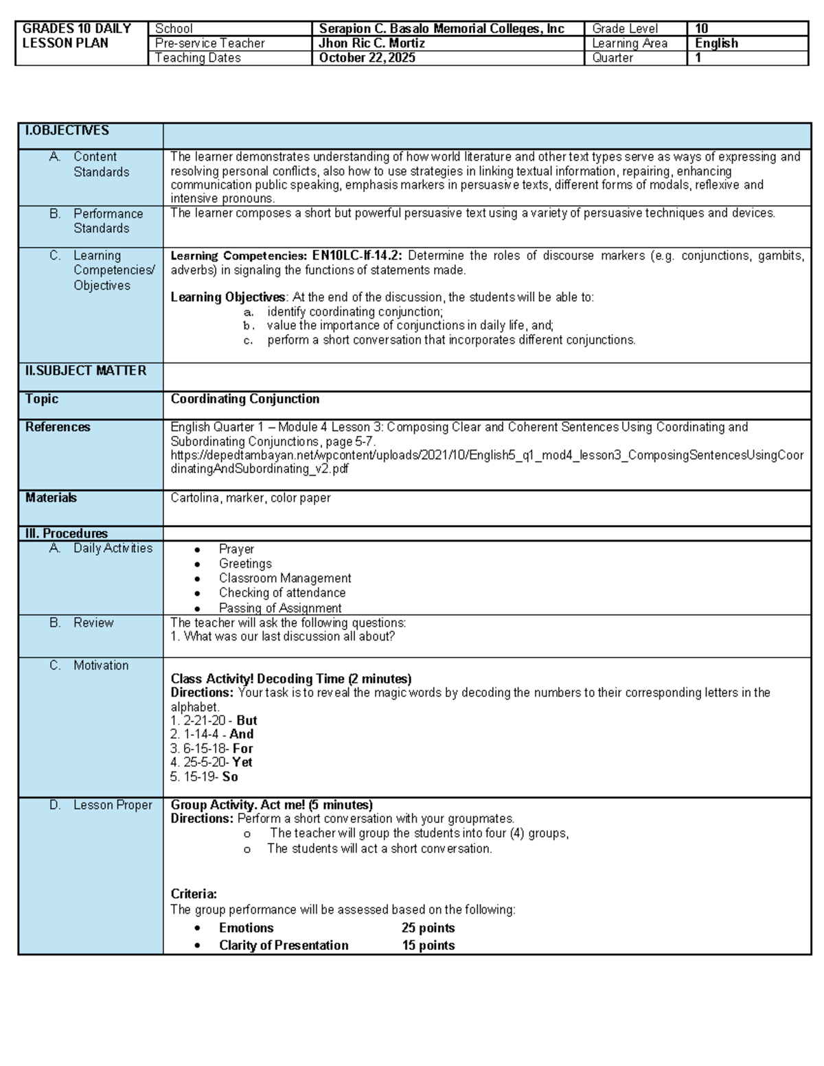 ENGLISH 10 DAILY LESSON PLAN: COORDINATING CONJUNCTIONS - Studocu