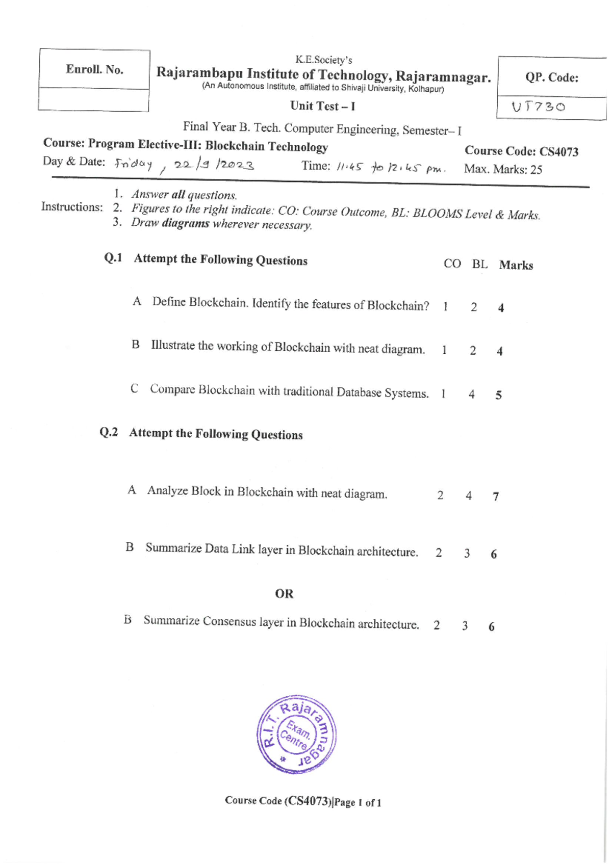 UT1 - Question Bank for CS4073 Blockchain Technology AY 2024-25 - Studocu
