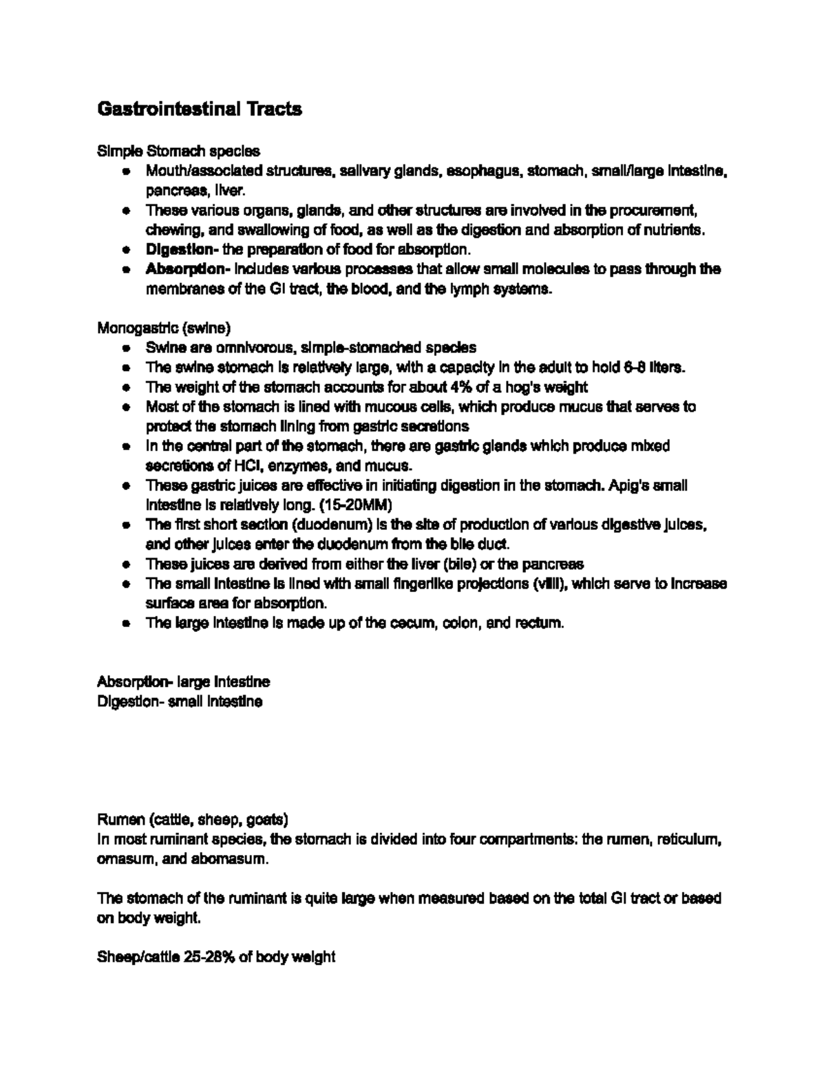 AGSC 101: Week 3 - Overview of Animal GI Tract Structures and Functions ...