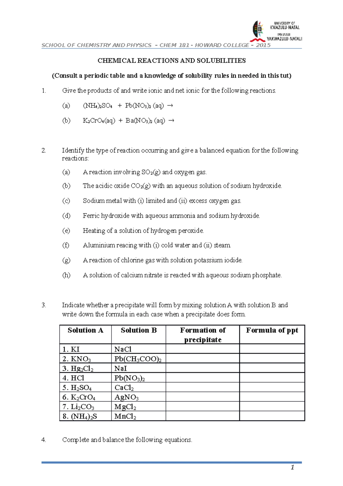 Tutorial 1 and 2 Questions CHEM 191 - Tutorial 1 and 2 Which of the ...