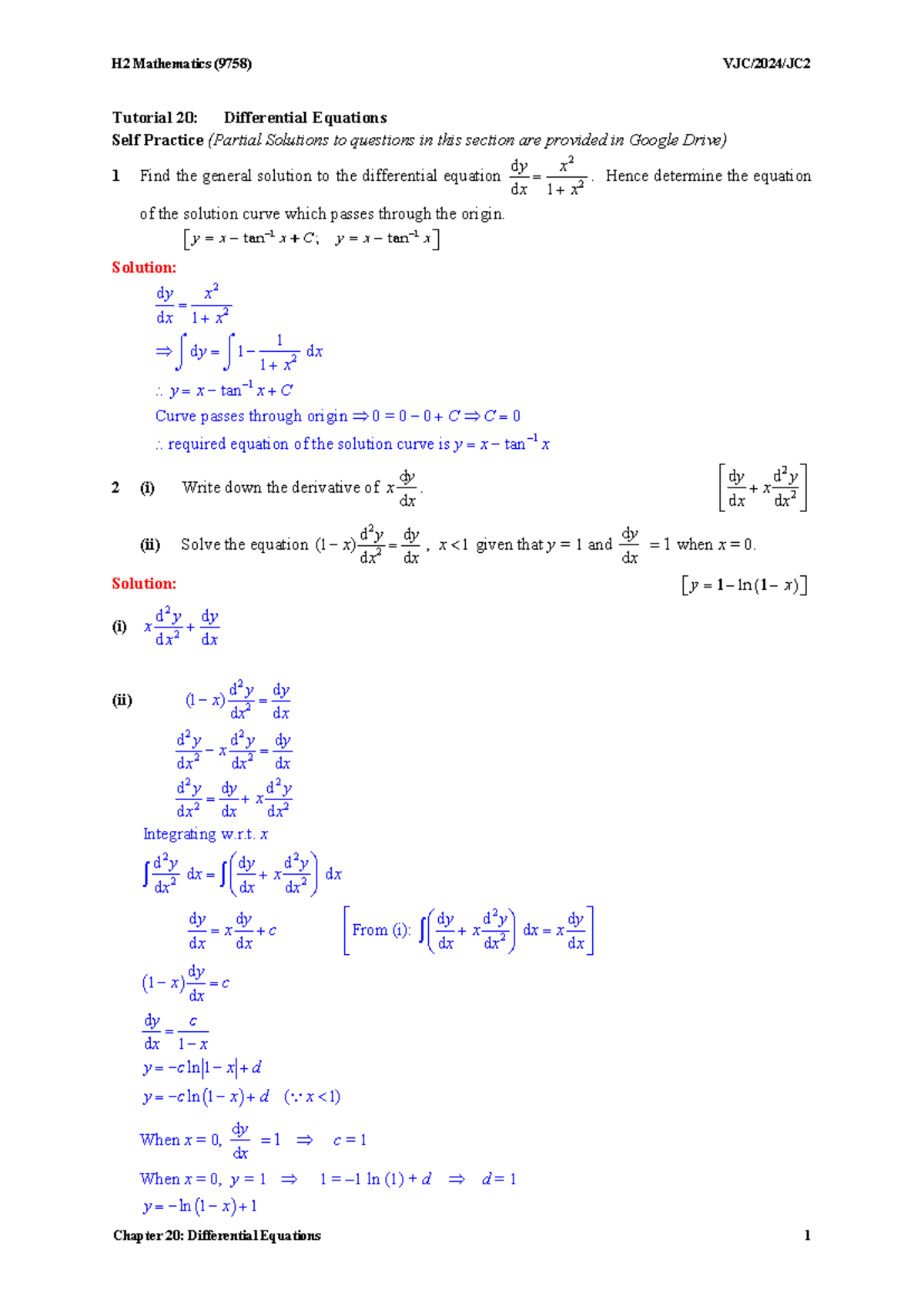 H2 Mathematics (9758) Tutorial 20: Differential Equations Self-Practice ...