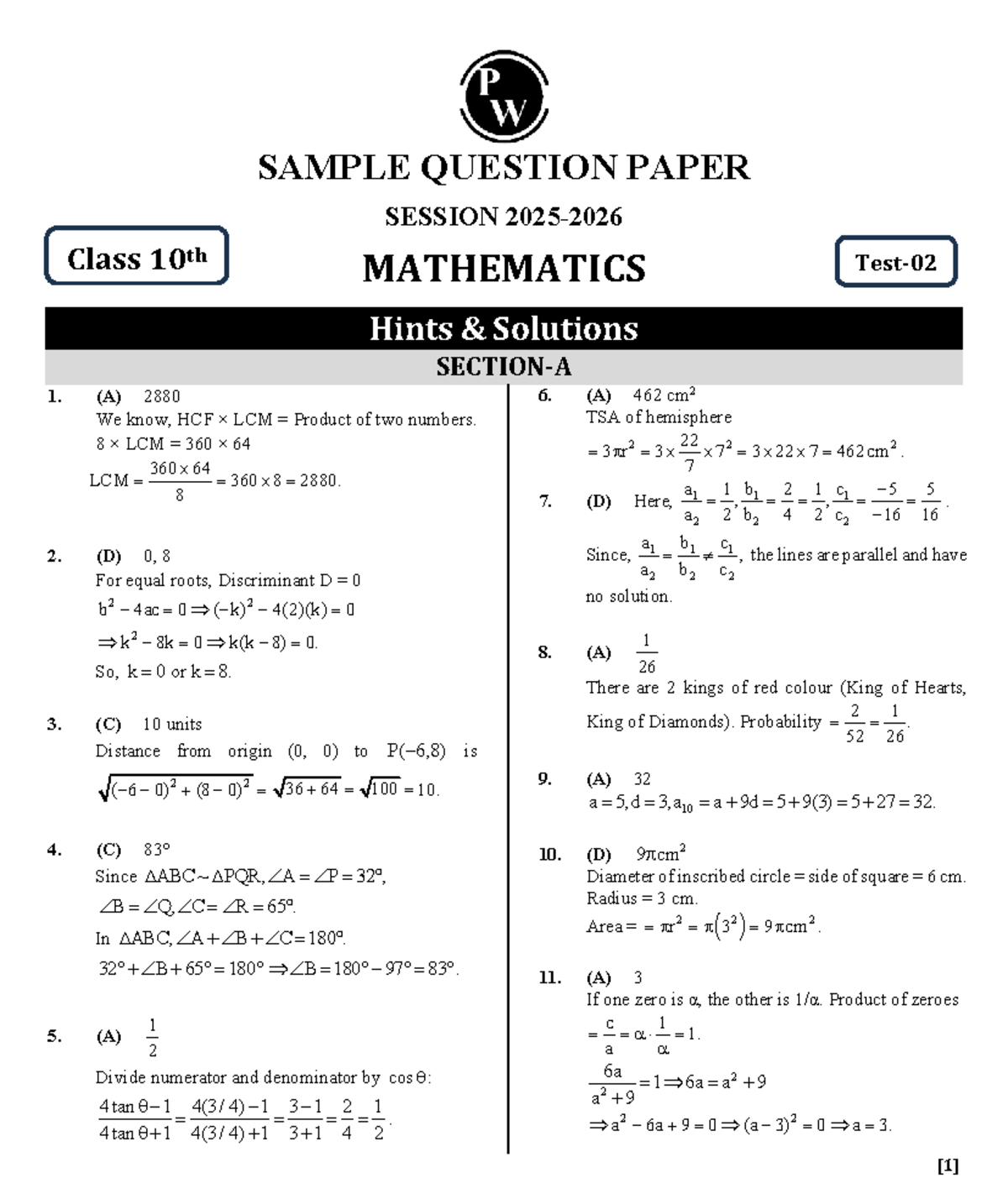 Class 10th Mathematics Sample Question Paper with Hints & Solutions ...