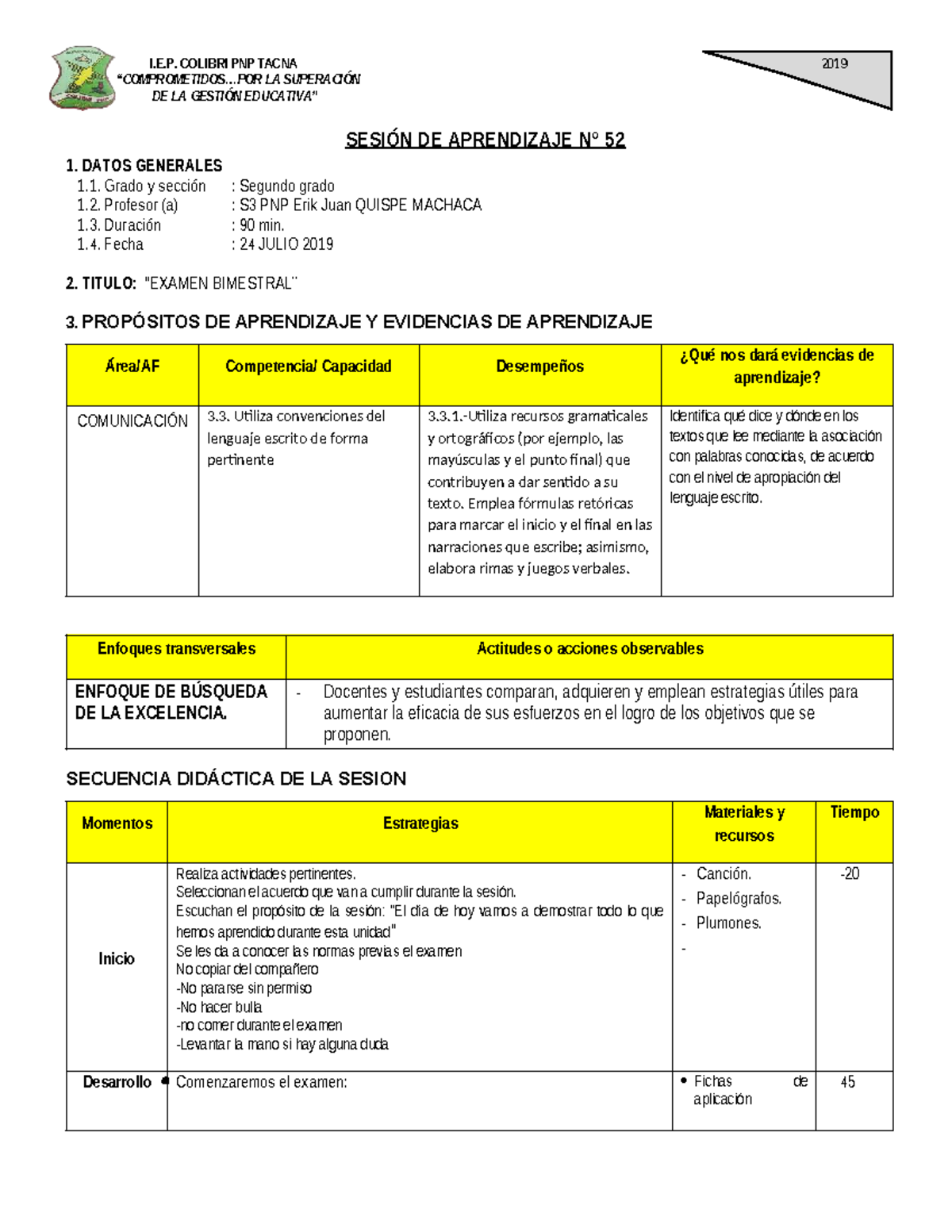 Examen de Comunicación - 2DO Bimestre I.E.P. COLIBRI PNP TACNA 2019 - Studocu