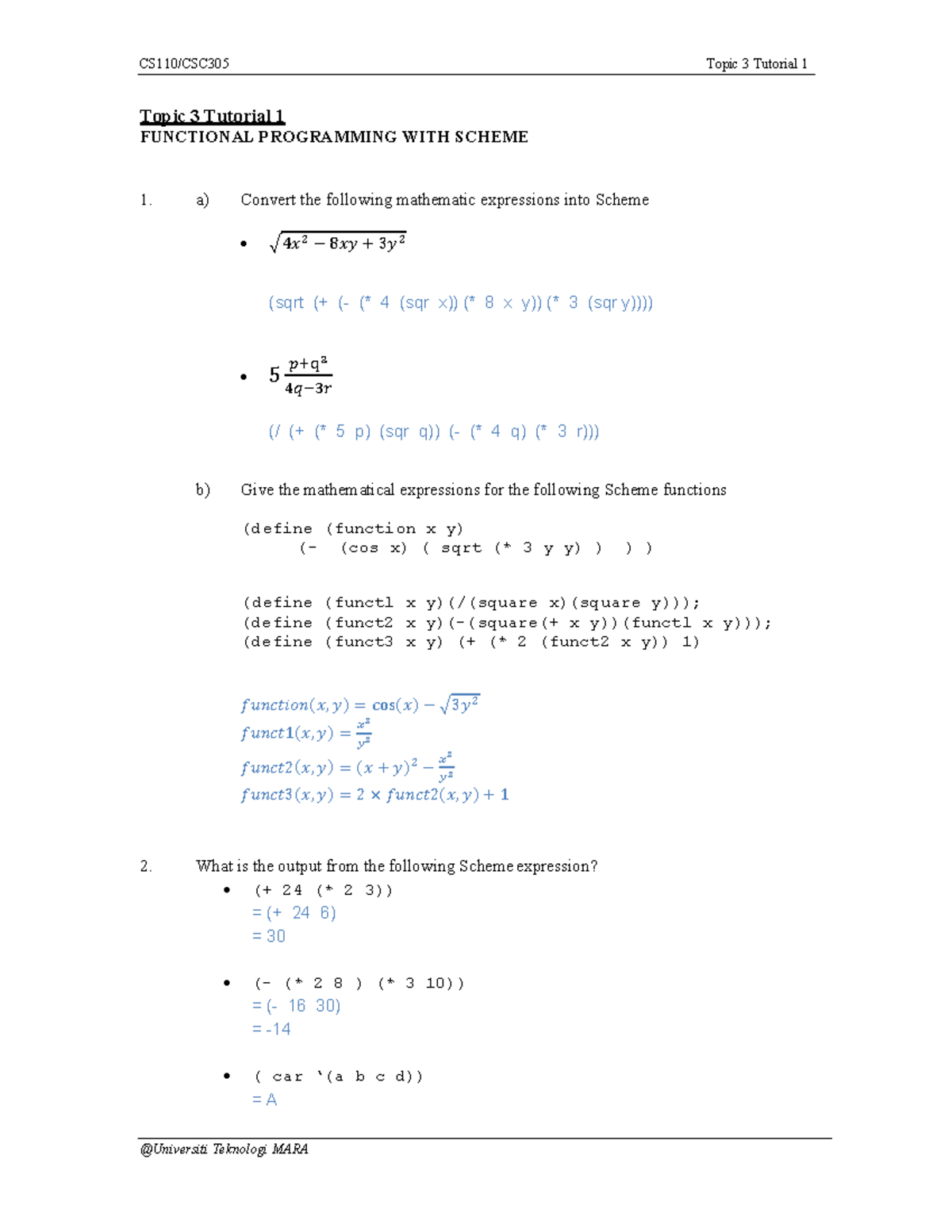 CSC305 Topic 3 Tutorial 1: Functional Programming with Scheme - Studocu