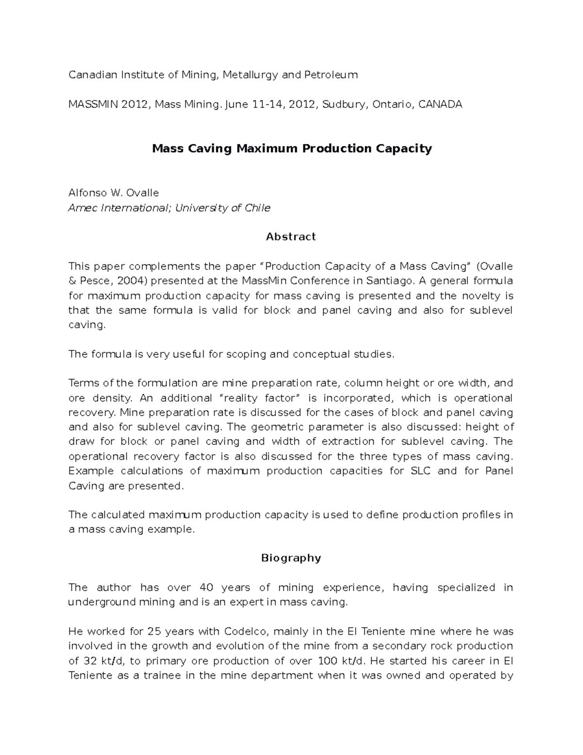Mass Caving Max Production Capacity Analysis - MASSMIN 2012 - Studocu