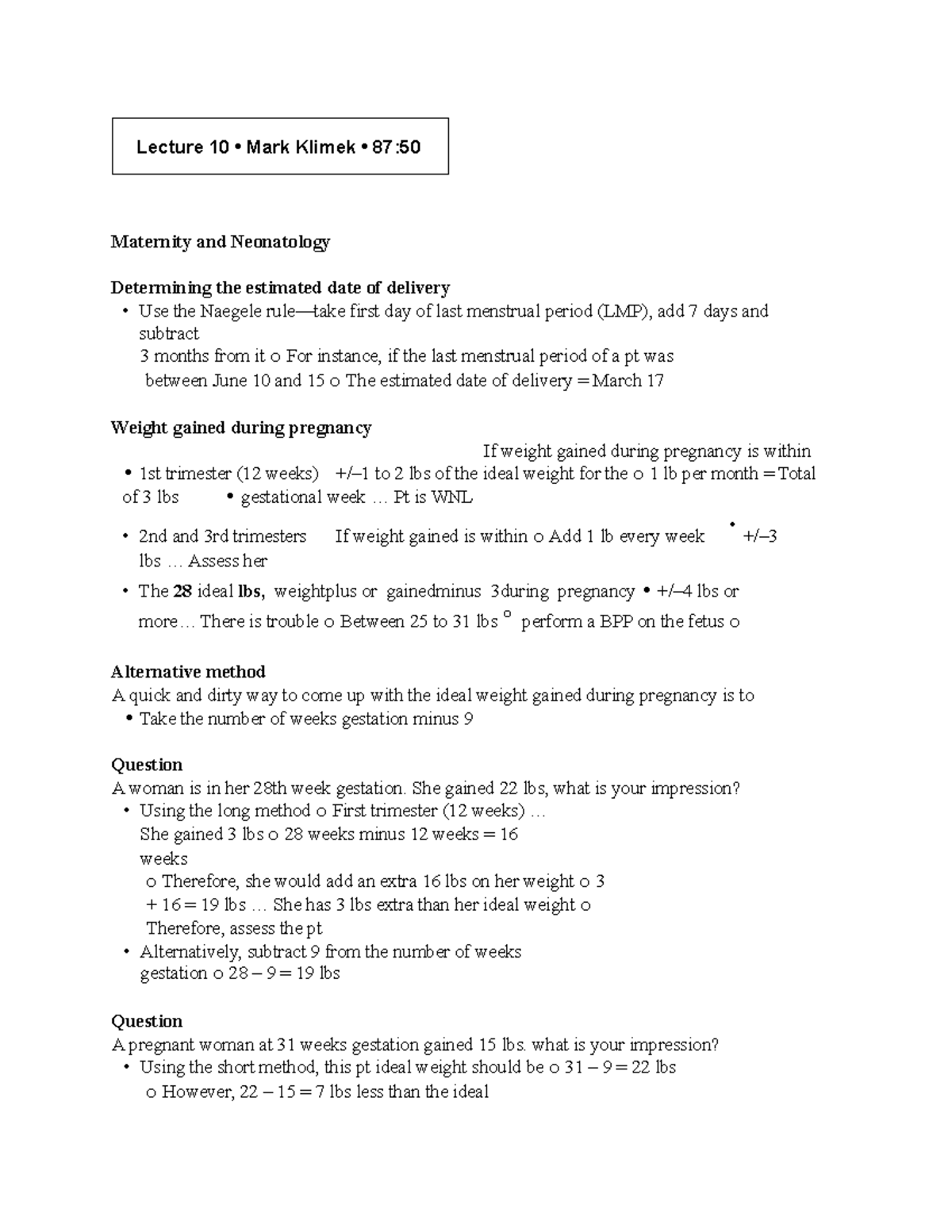 Mark K Lecture 10: Maternity & Neonatology Insights - Studocu