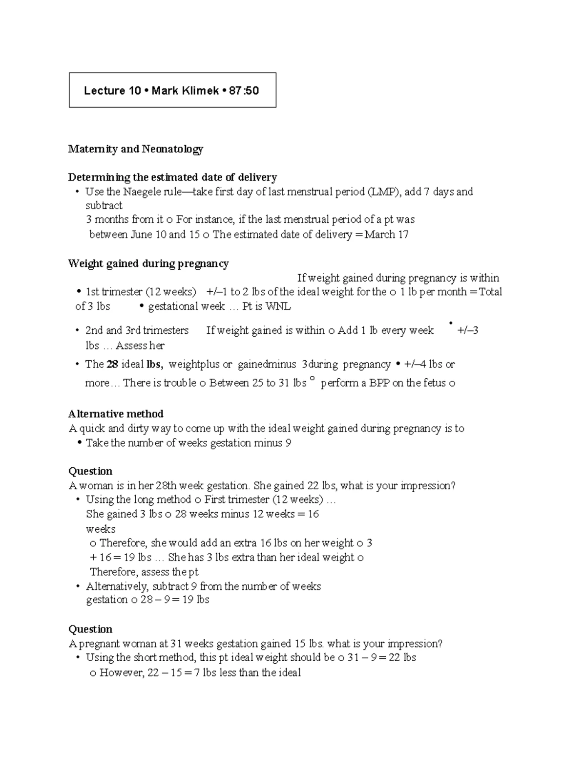 Mark K Lecture 10 - Lecture 10 • Mark Klimek • 87: Maternity and ...